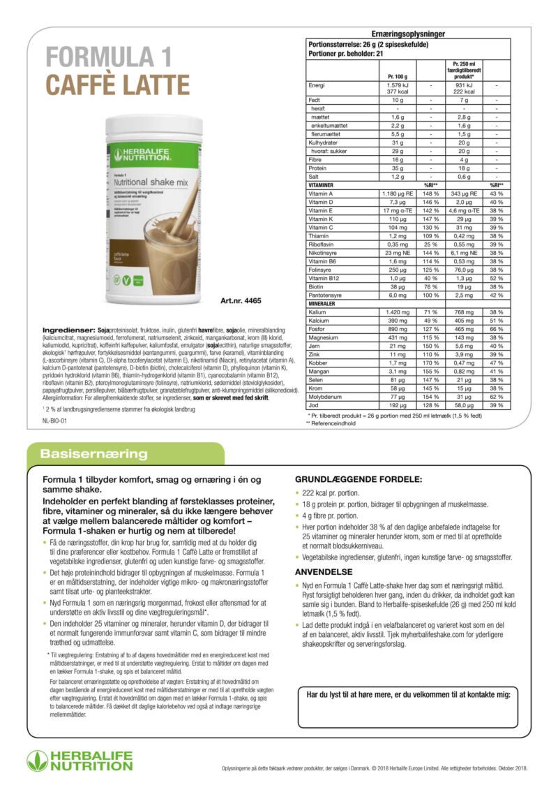 Formula 1 Nutritional Shake Mix - Caffé Latte (550 g.)-Selvstændigt ...